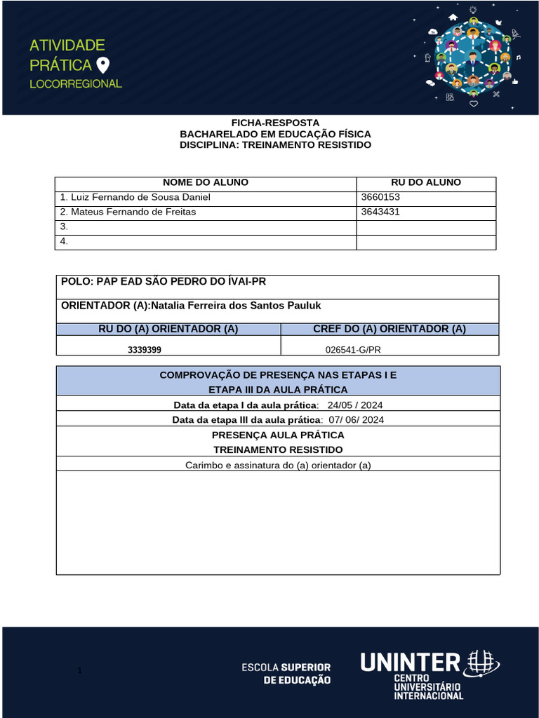 FICHA-RESPOSTA - Treinamento Resistido - BAC | PDF