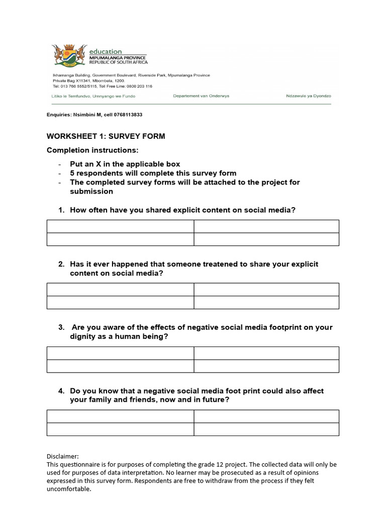 2025_WORKSHEET FOR THE GRADE 12 PROJECT_PR | PDF
