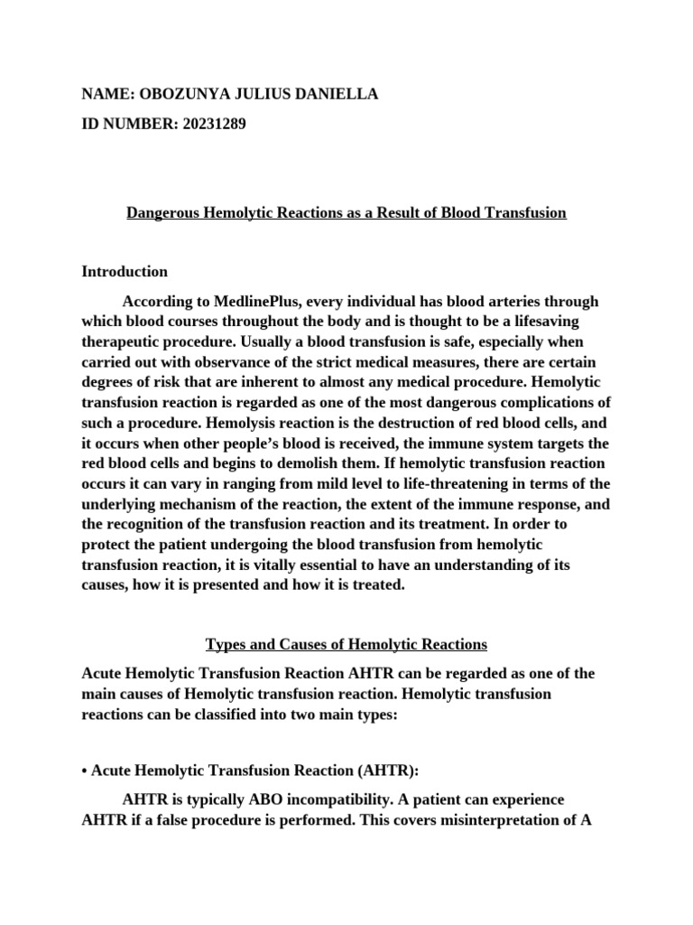 Dangerous Hemolytic Reactions As A Result of Blood Transfusion | PDF ...