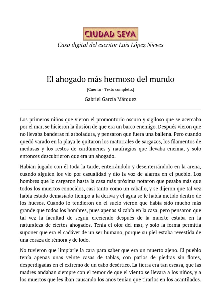 El Ahogado Más Hermoso Del Mundo - Gabriel García Márquez - Ciudad Seva ...