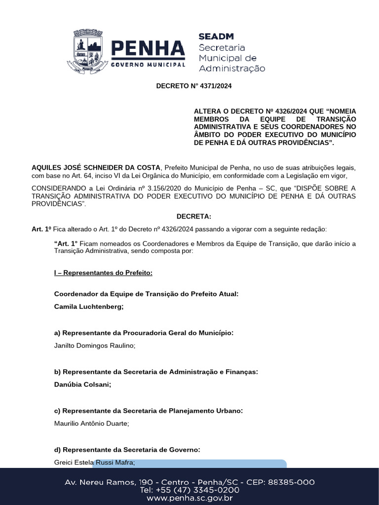 Decreto 4371 Altera o Decreto N 4326 Que Nomeia Membros Da Equipe de ...