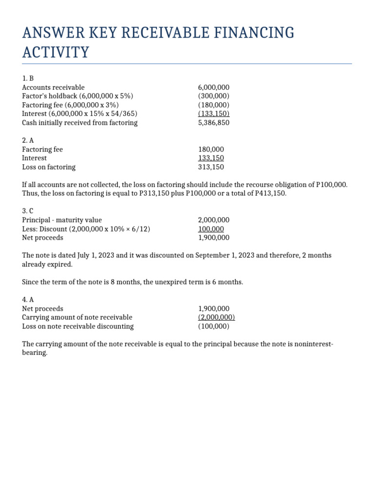 Receivable Financing Answer Key | PDF