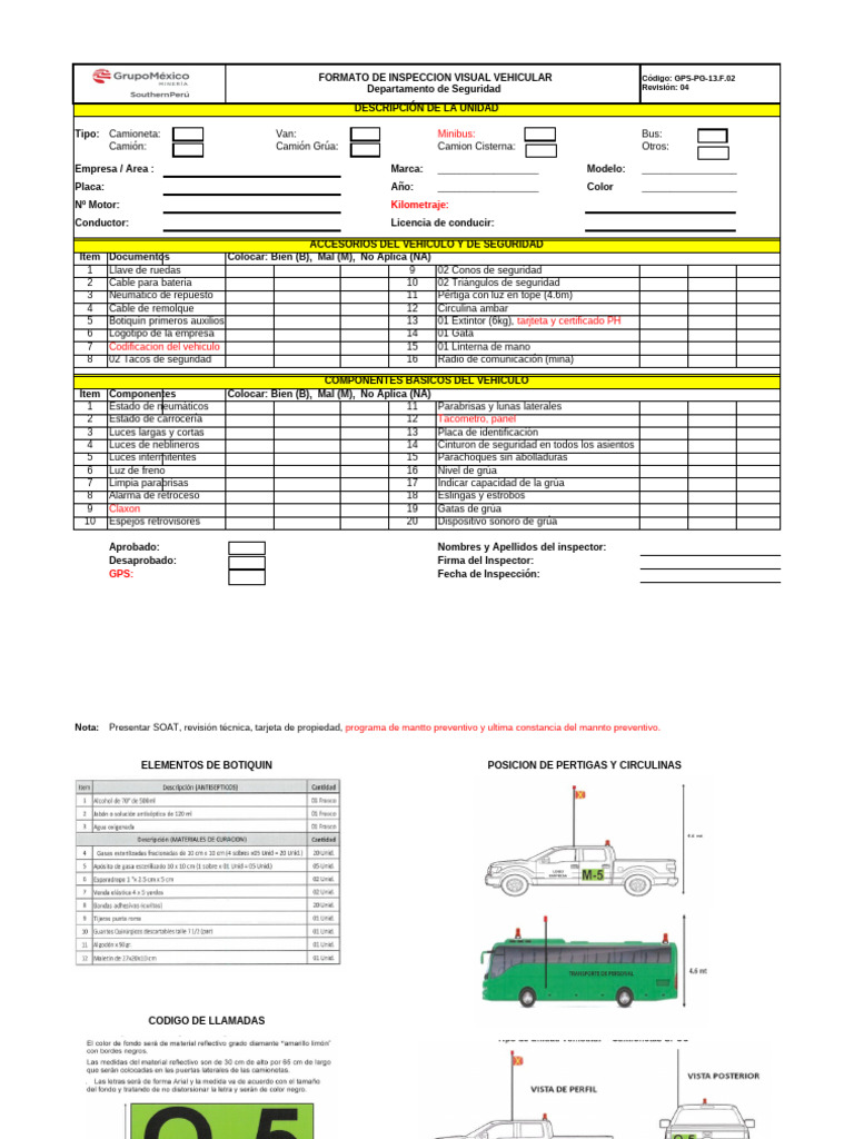 Formato de Inspección Vehicular PDF | PDF | Camión | Vehículo de motor