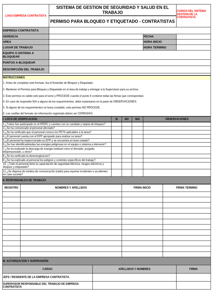 Permiso de Bloqueo y Etiquetado para Contratistas | PDF