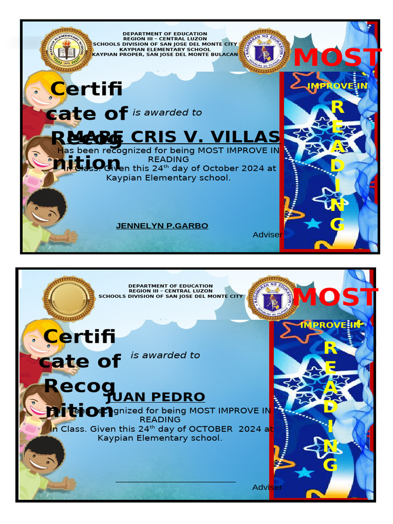 Cert For Most Improve Reading | PDF