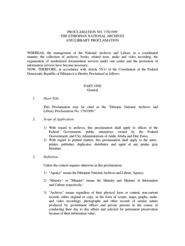 Ethiopian National Archives Proclamation | PDF | Archive | Preservation ...
