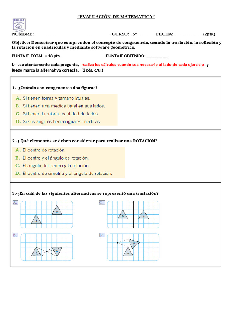 5°-Básico Transformaciones Isometricas Evaluación | PDF
