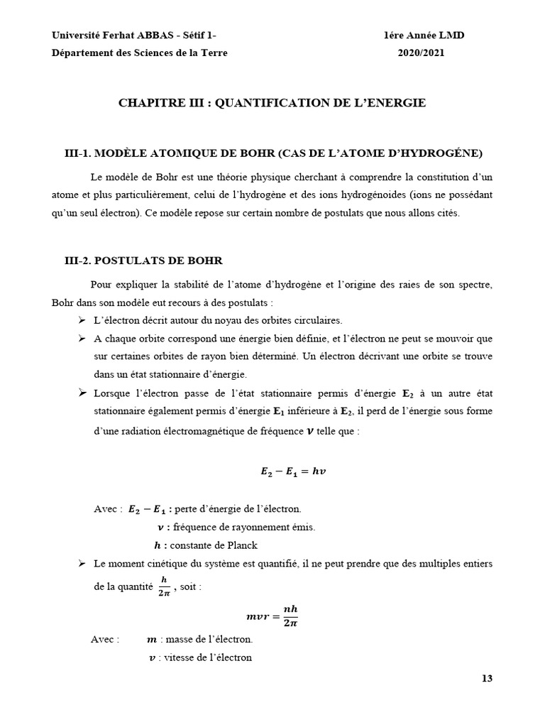 Modèle de Bohr et énergie de l'hydrogène | PDF | Spectre ...
