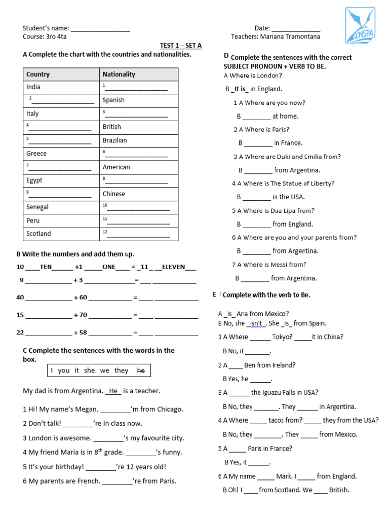 Enspa Test Unit 1 Set A | PDF