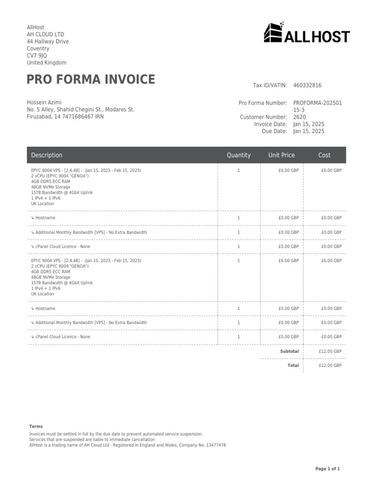 Pro Forma Invoice for EPYC 9004 VPS | PDF | Computer Standards ...