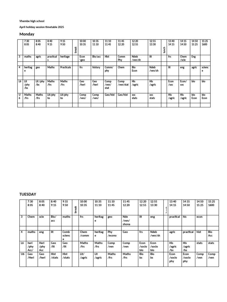 Vhembe High School Holiday Timetable 2025 | PDF