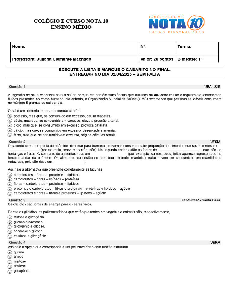 Lista de Exerc-Cios de Bioqu-Mica - 1 - Bimestre - Profa Juliana Clemente Machado | PDF ...