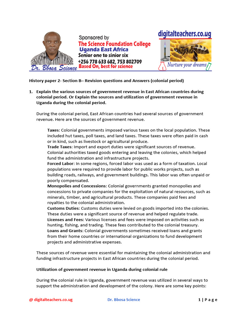 History Paper 2 Section B– Revision Questions and Answers Colonial ...