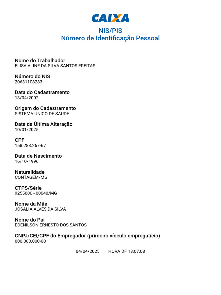 Dados do NIS de Elisa Freitas | PDF