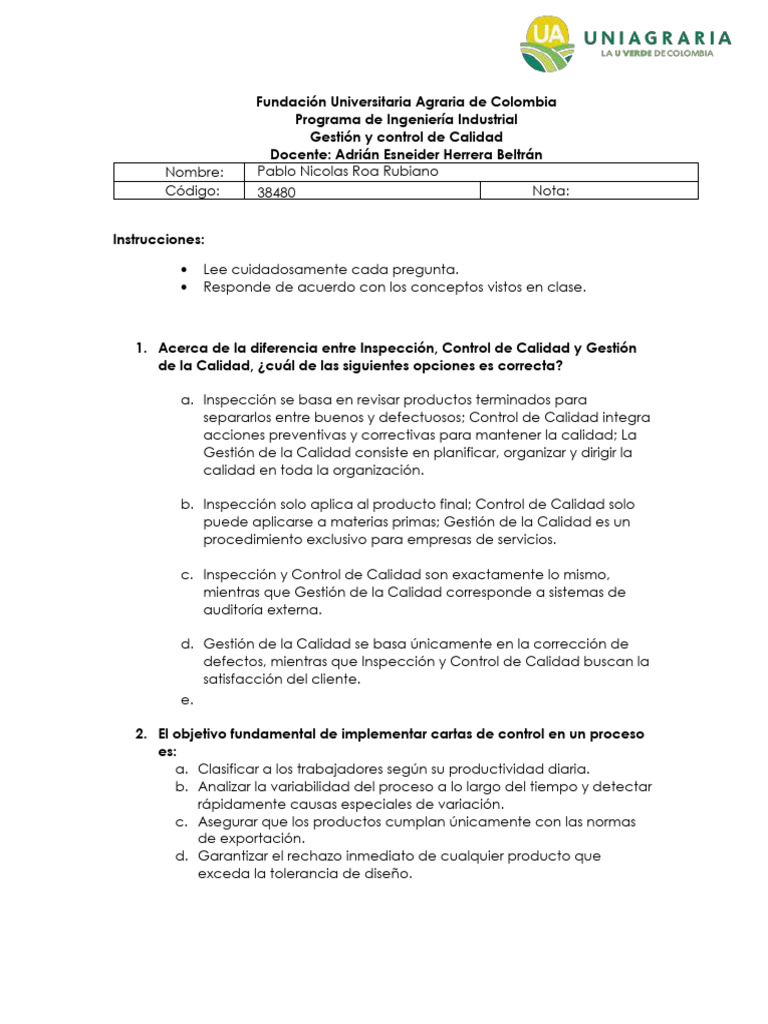 Parcial Control y Gestion de Calidad Pablo Roa | PDF | Calidad (comercial) | Gestión de la calidad