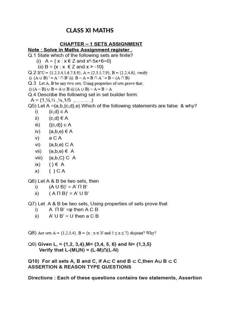 Class Xi Maths CH 1 Assignment | PDF