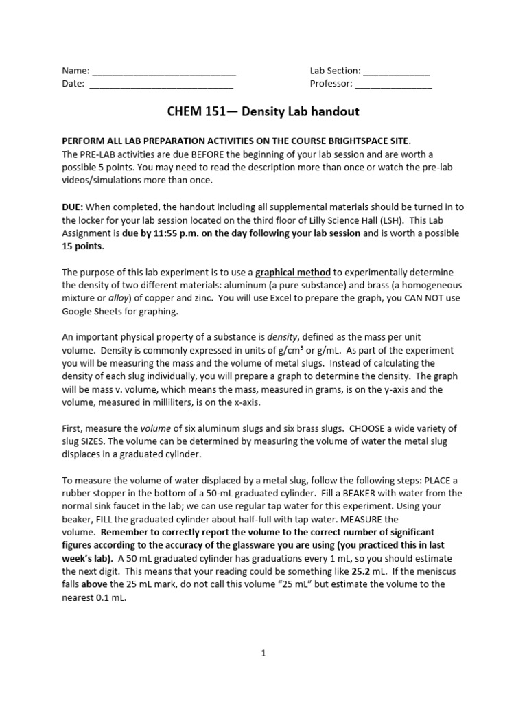 Density Lab Handout 202210 | PDF | Density | Microsoft Excel