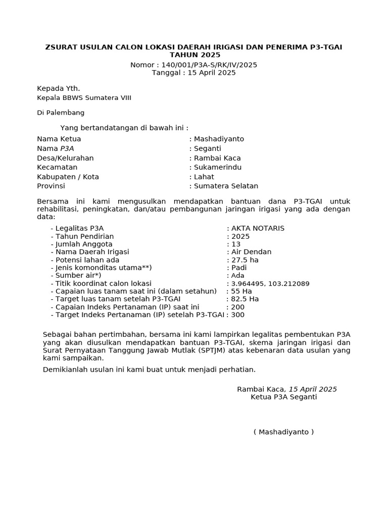 Surat Usulan & SPTJM P3A SEGANTI DESA RAMBAI KACA | PDF