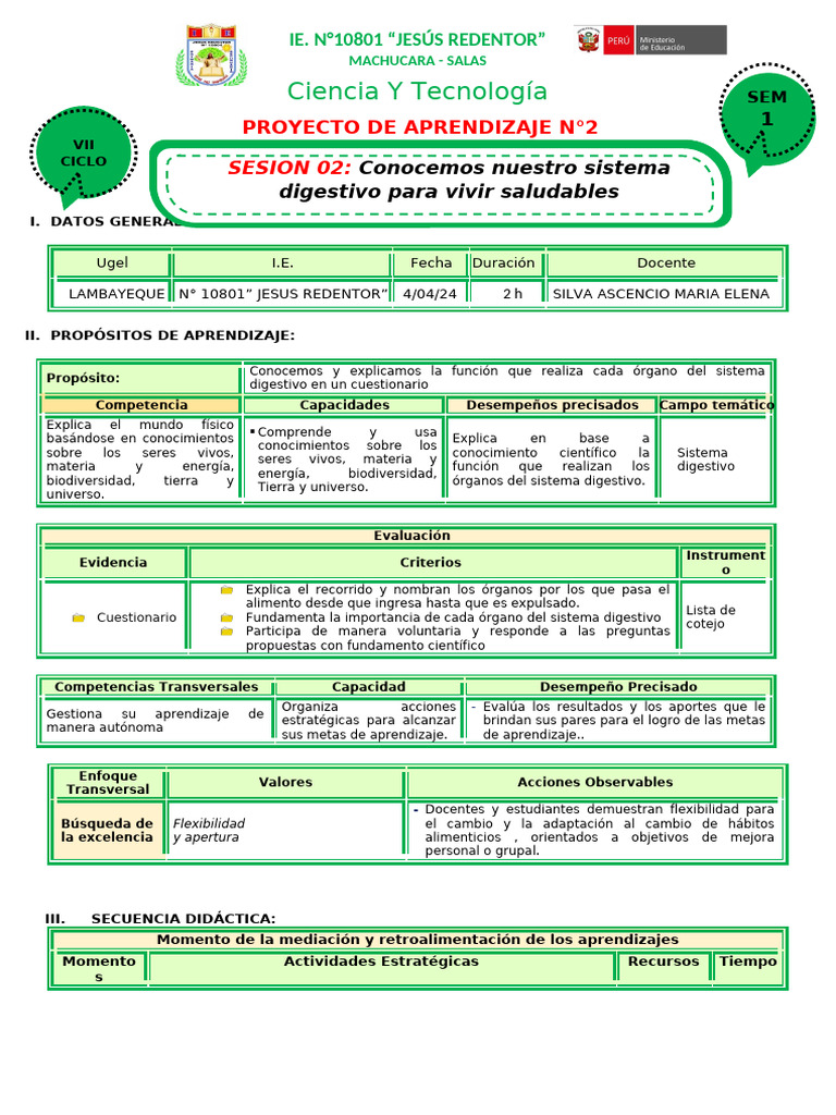 2da SESIÓN DE APRENDIZAJE - SEM.1-PROY. 02-CyT - 2024 | PDF | Sistema digestivo humano | Aprendizaje