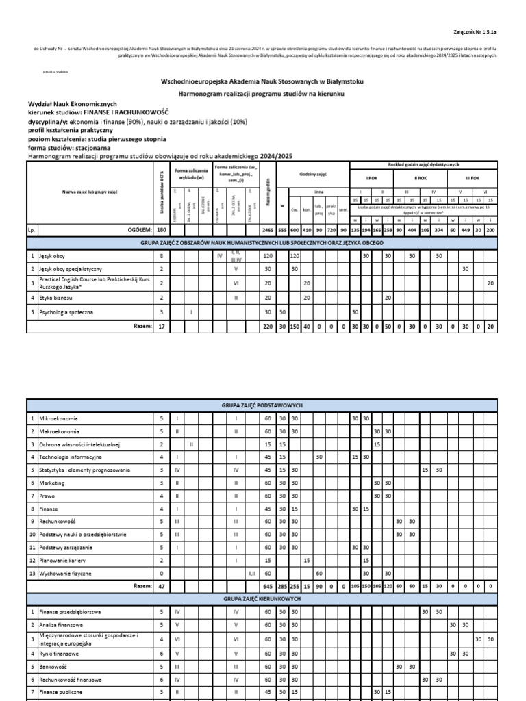 Harmonogram FiR S - 2024 2025 | PDF