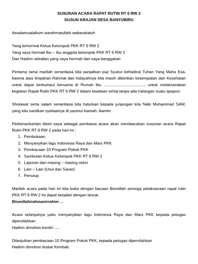 Susunan Acara Rapat Rutin PKK RT 6 | PDF