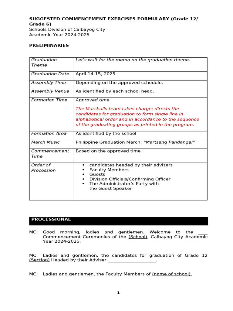Suggested Commencement Exercises Formulary | PDF