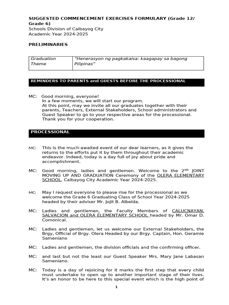 Suggested Commencement Exercises Formulary | PDF