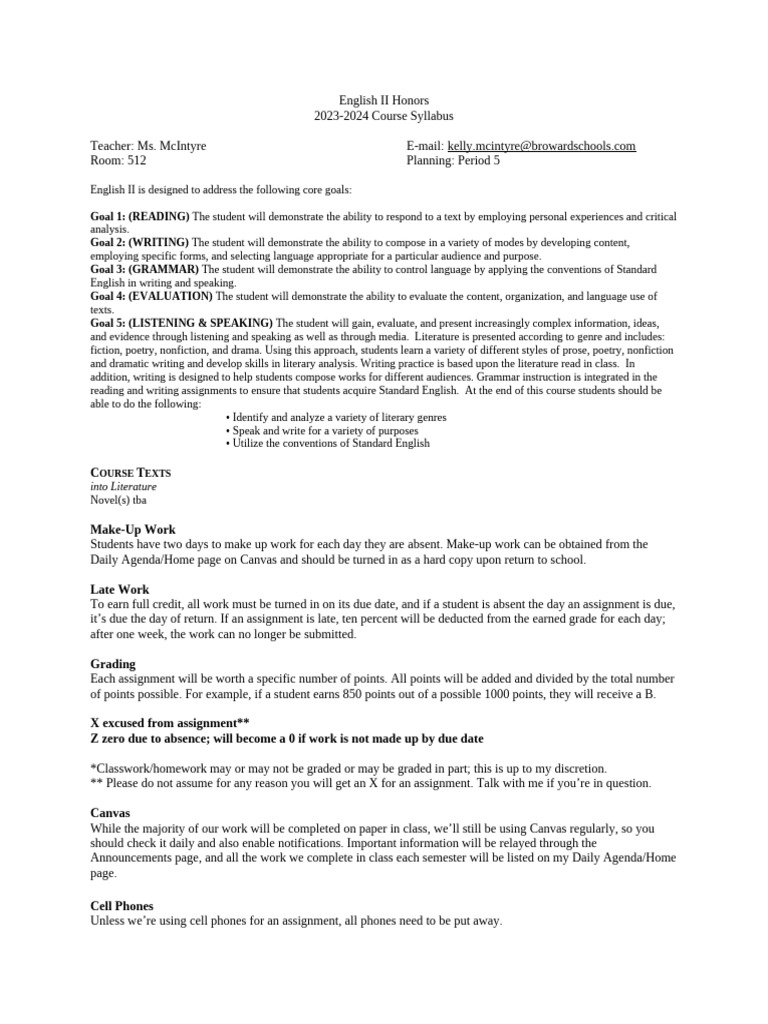 English II Honors Syllabus | PDF | Genre | Writing