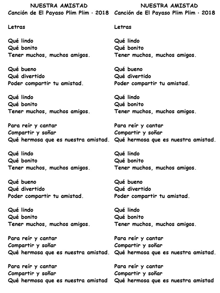 Nuestra Amistad Canción de El Payaso Plim Plim 2018 Letras Qué Lindo Qué Bonito Tener Muchos ...