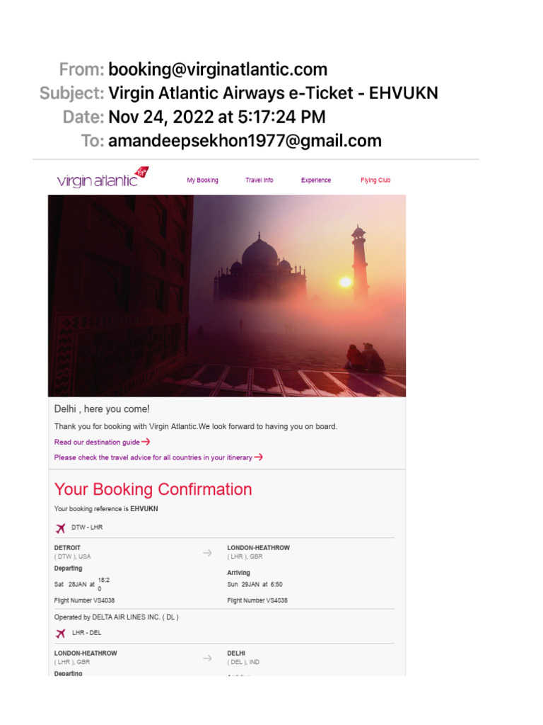 Virgin Atlantic Booking Confirmation | PDF | Baggage | Fee