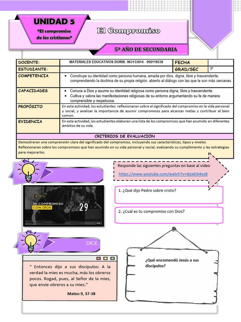 Ficha de Actividad Sem 4 Religion 5to | PDF | Iglesia Católica | Dios