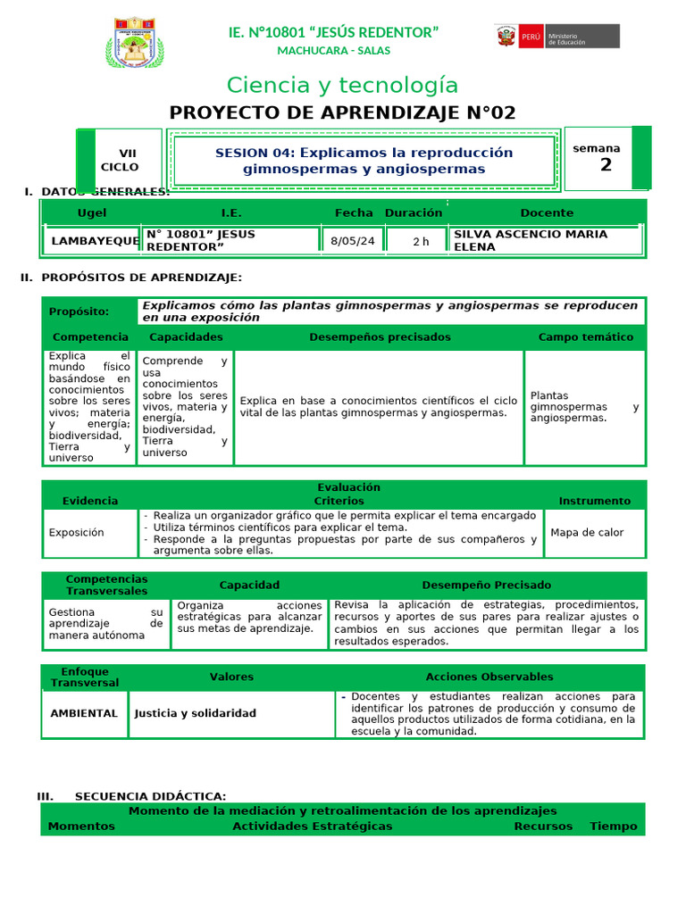 4ta Sesión de Aprendizaje-sem.2-Proy. 02-Cyt 2024 | PDF | Plantas | Aprendizaje