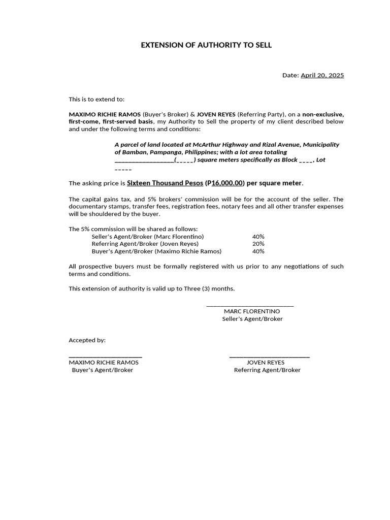 EXTENSION OF AUTHORITY TO SELL_Sample | PDF