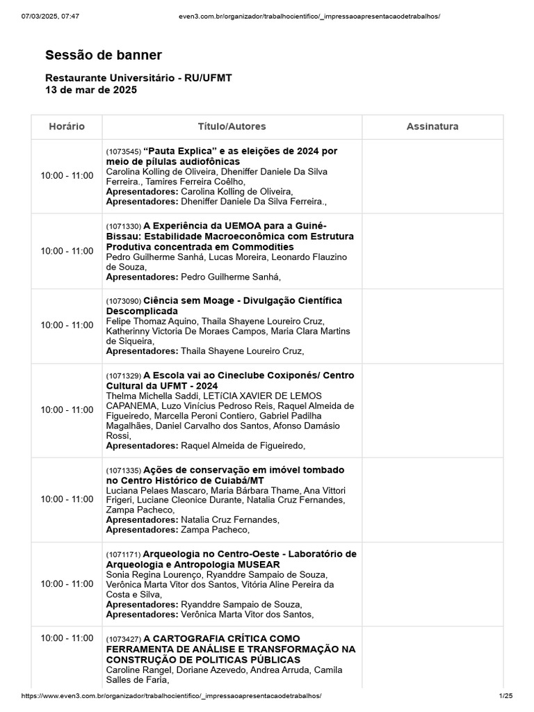 Lista de Apresentadores Banner XV Mostra de Extensao | PDF