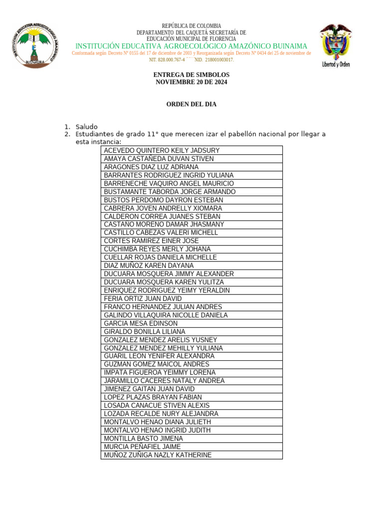 ENTREGA DE SIMBOLOS Orden Del Día | PDF