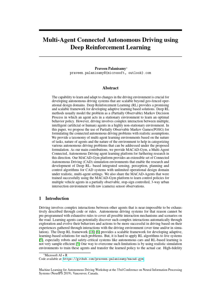 Multi-Agent Connected Autonomous Driving Using Deep Reinforcement Learning | PDF