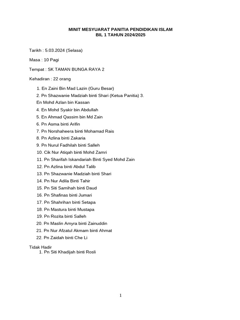 Minit Mesyuarat Panitia P Islam Pertama | PDF