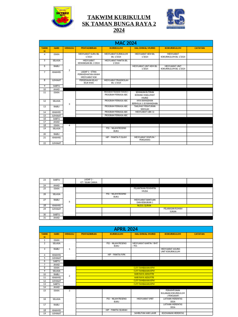 Takwim Induk Kurikulum 2024 | PDF