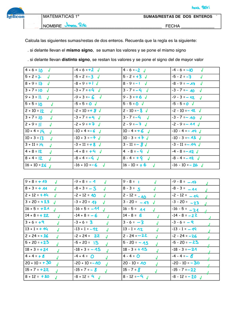 Act.6 Suma y Resta Números Enteros - JRGB | PDF