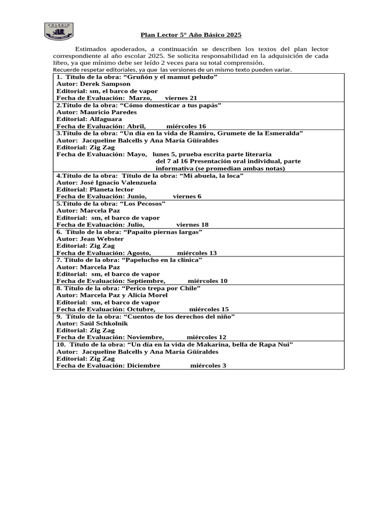 Plan Lector 5° Básico 2025: Libros y Fechas | PDF