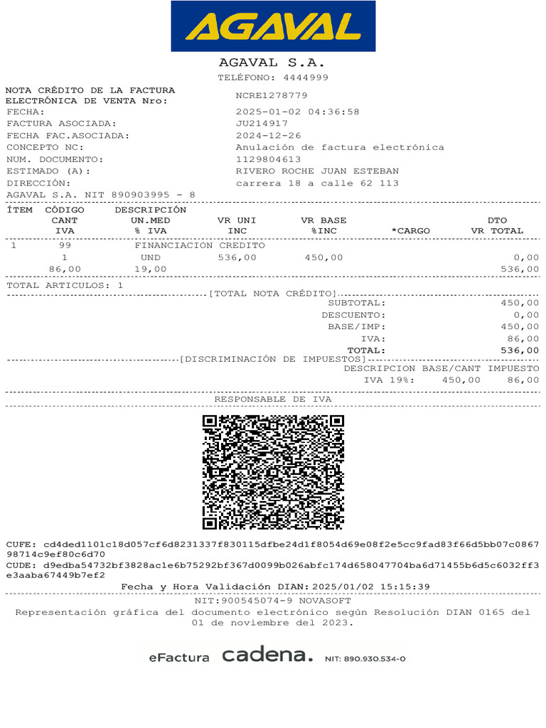 Nota Crédito Factura Agaval NCRE1278779 | PDF