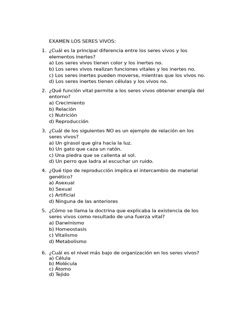 Examen sobre Seres Vivos y Biología Celular | PDF | Organismos ...