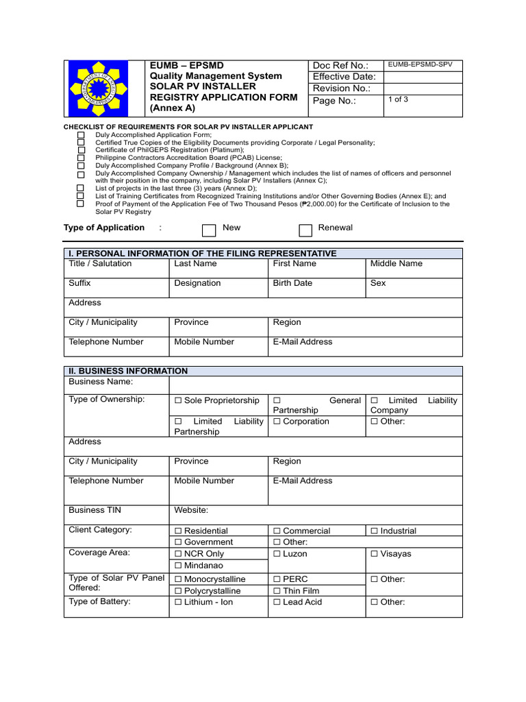 Annex A - Solar PV Installer Registry Application Form | PDF ...