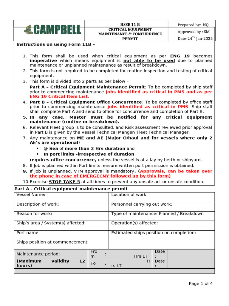 HSSE 11 B - Critical Equipment Maintenance and Concurrence Permit | PDF ...