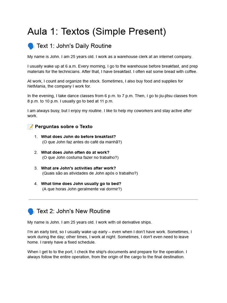 Textos - Aula 1 (Simple Present) | PDF