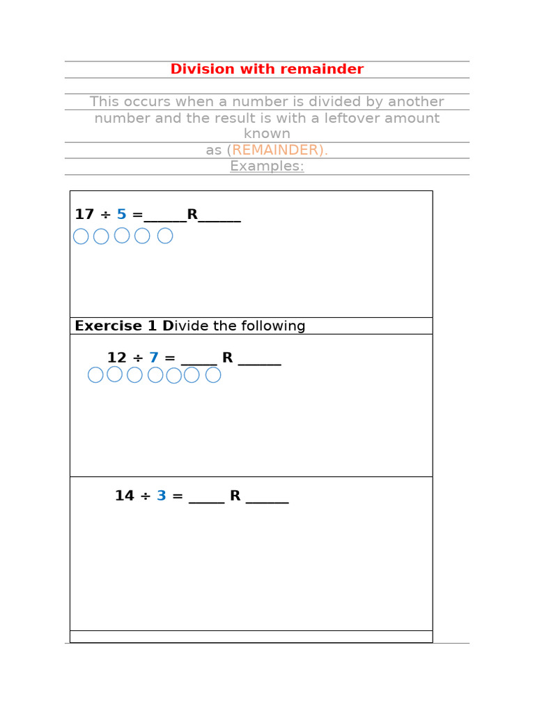 Division with Remainder Exercises | PDF