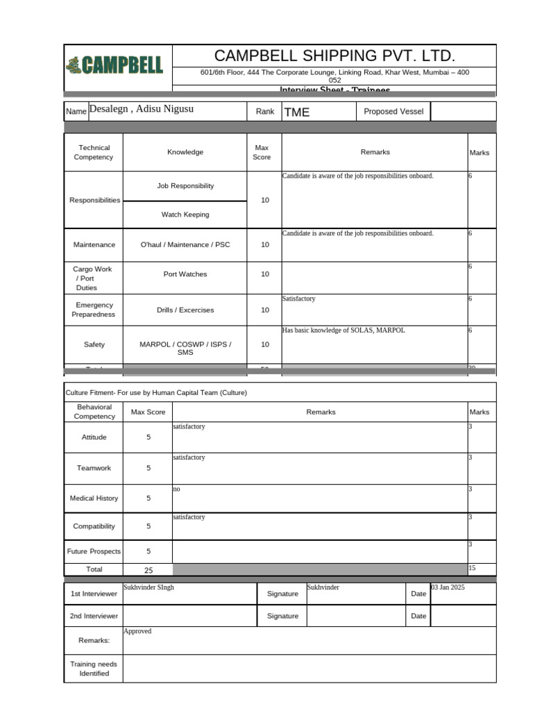 14f-Interview Rating Sheet-Trainees-Ver 4 - Desalegn, Adisu Nigusu | PDF | Shipping | Water ...