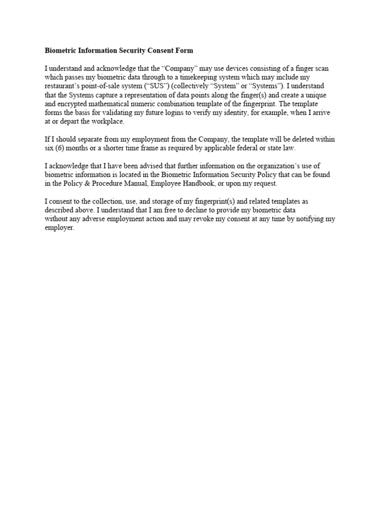 Biometric Information Security Consent Form 2 | PDF
