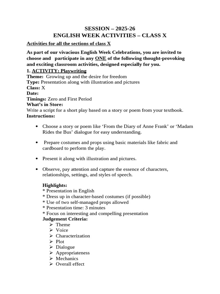 Class-X - English Week Activities - 2025-26 | PDF