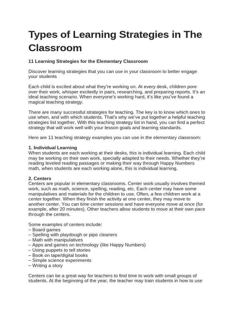 Types of Learning Strategies in The Classroom Element of Competency ...